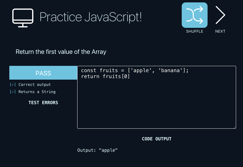 ScreenShot of practicejavascript.com