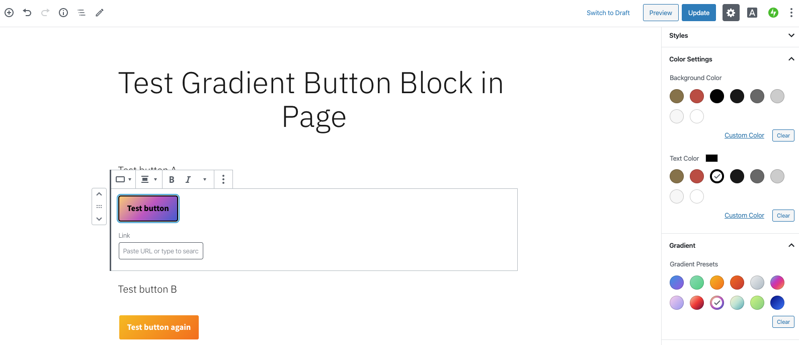 Button block with gradient background failed to appear on preview and/or live site · Issue ...