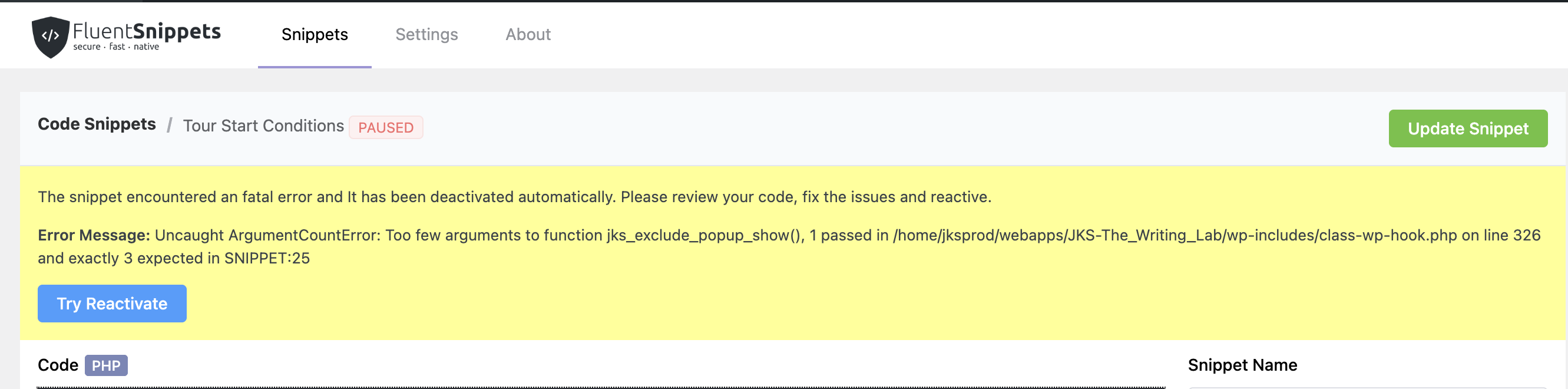 Error when a snippet causes an error | WordPress.org