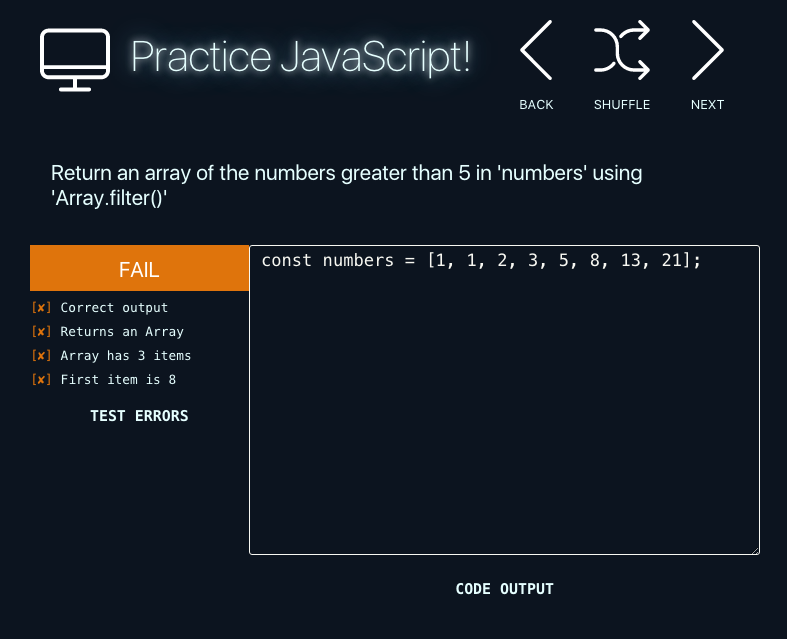 ScreenShot of practicejavascript.com